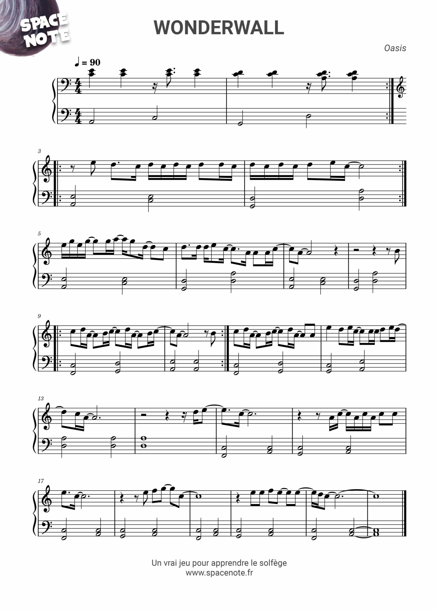 Oasis Wonderwall Partition piano facile - Solfège Blog