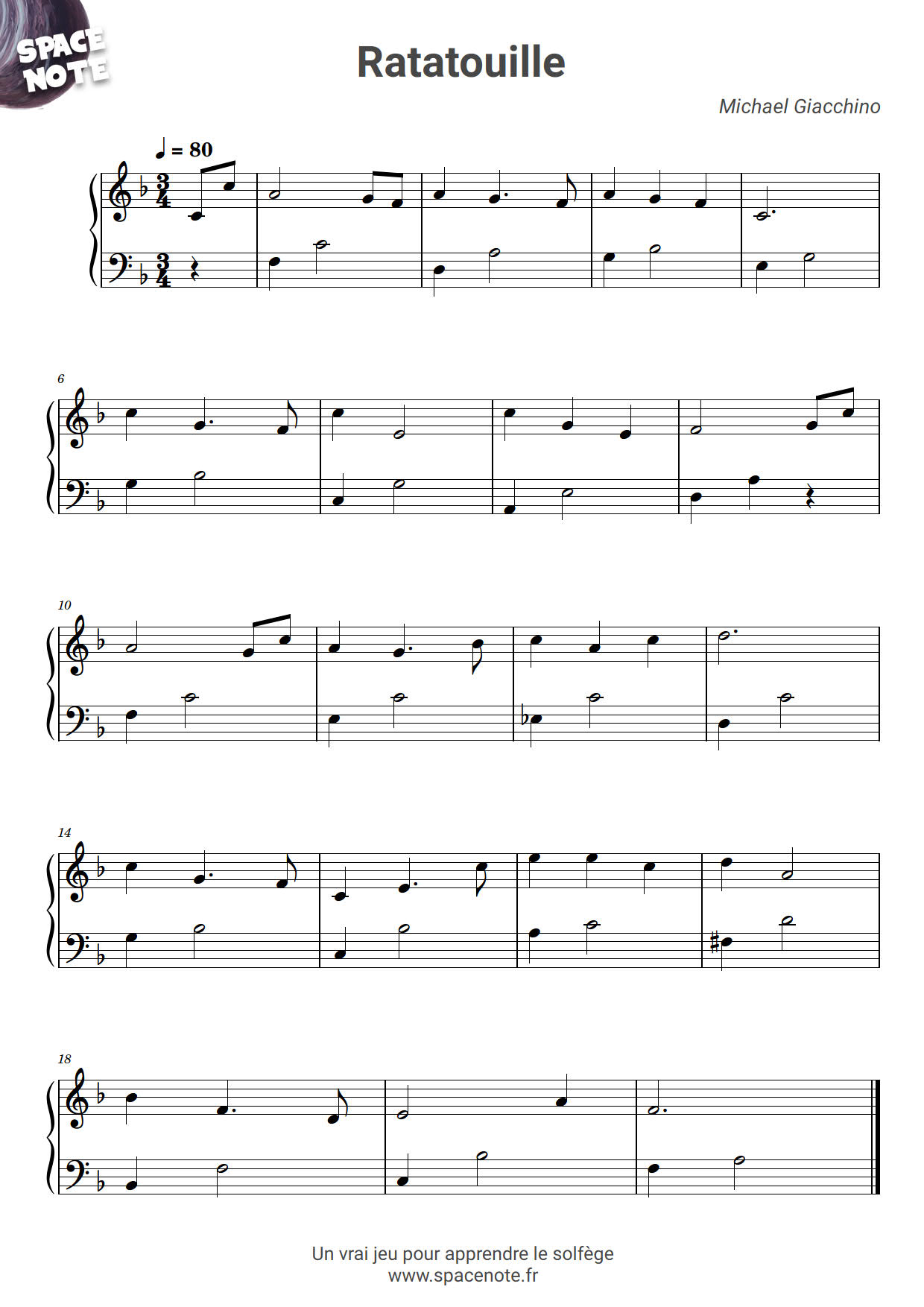 Ratatouille partition piano facile - Solfège Blog