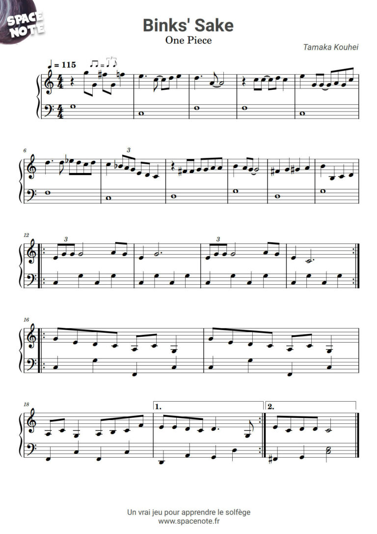 Binks' Sake One Piece - Partition piano facile - Solfège Blog