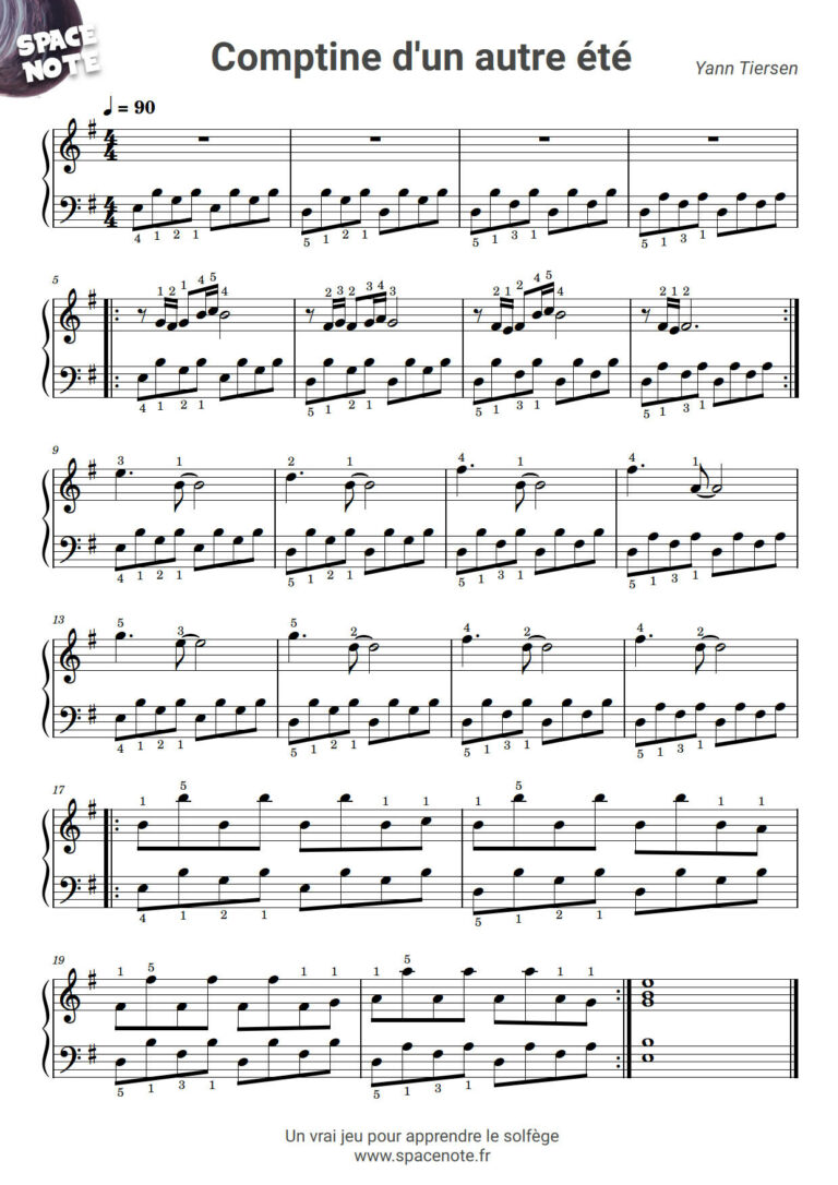Comptine d'un autre été - Partition piano facile - Solfège Blog